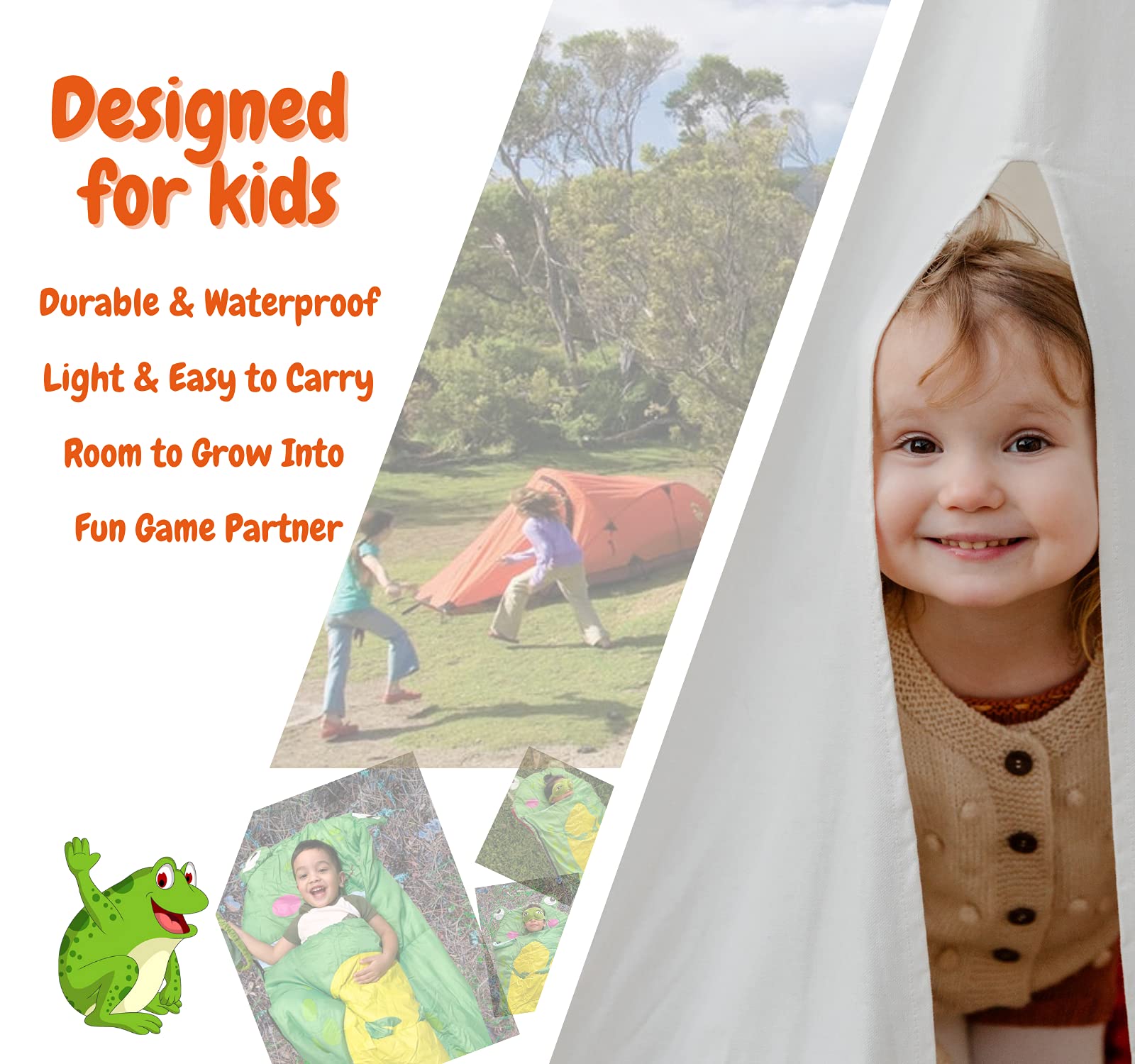 Kids Camping Sleeping Bag with Sleeping Mask, Waterproof, Durable & Lightweight, Ideal for Hiking, Camping & Outdoor Adventures, Frog Pattern