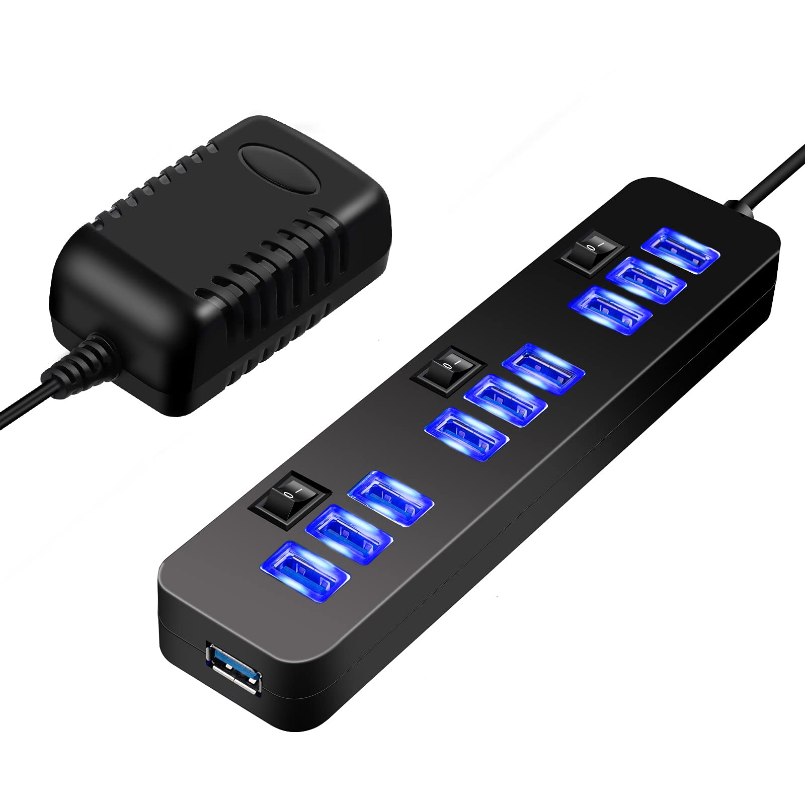 Powered USB 3.0 Hub, Adapter USB Extension, 9 Ports USB Data Hub Splitter with 1 Smart Charging Port and 3 ON/Off Switches, 5V/4A Power Adapter USB Extension for MacBook, Mac Pro/Mini etc