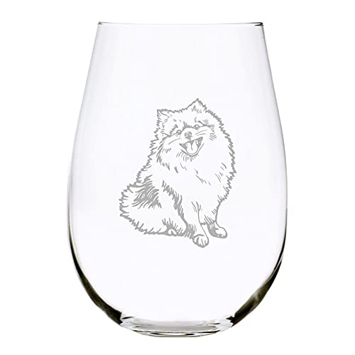 Pomeranian (P1) themed, dog stemless wine glass, 17 oz.