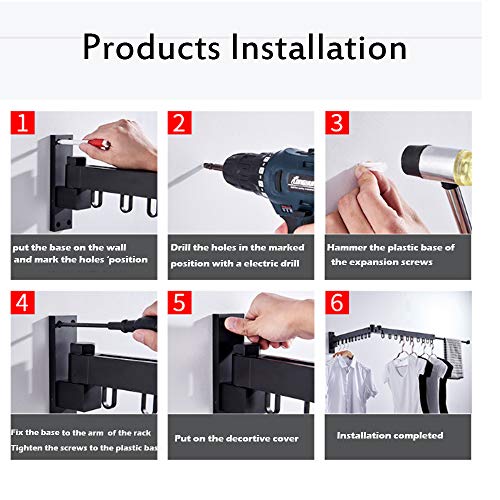 uyoyous Clothes Drying Rack 7.6 lbs Folding&Retractable 3-Level Wall Mount Space Saver Clothes Hanger with Towel Bar Laundry Drying Rack for Indoor Outdoor -Matte Black