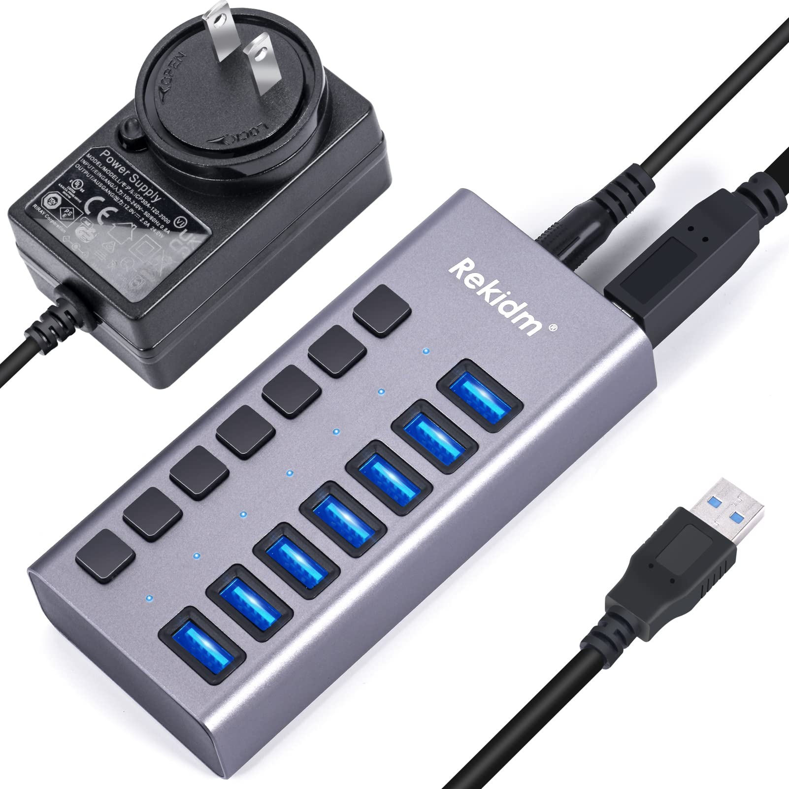 Powered USB HUB 3.0, Rekidm 7 Port USB 3.0 HUB Powered with AC Adapter 12V 2A, Aluminum Metal Design Durable Use for Stable Data Transfer, Individual On/Off Switches USB Extender for Desktop and PC