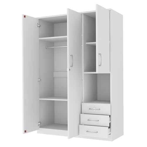 TINIMONI Modern 3-Door Wooden Wardrobe Armoire, Closet Organizer with Shelves, Drawers, and Hanging Rod, Stylish Storage Solution for Bedrooms, White