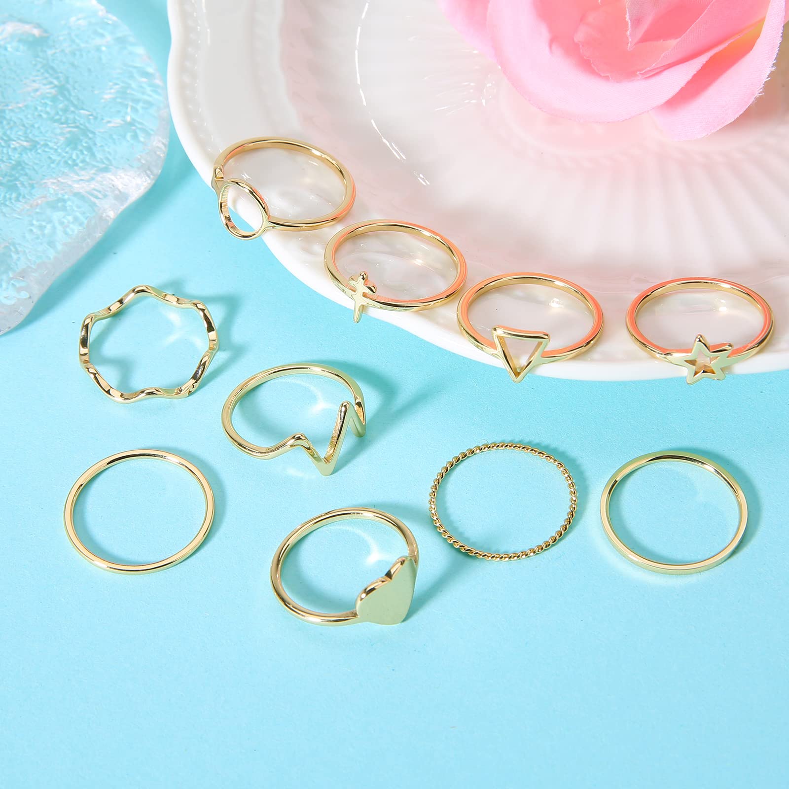 MJust 10PCS 14K Gold/Silver Plated Stacking Ring Set for Women Dainty Thumb Stackable Rings Gold Heart Statement Rings Plain Band Size 5-9 (Gold Tone, 8)