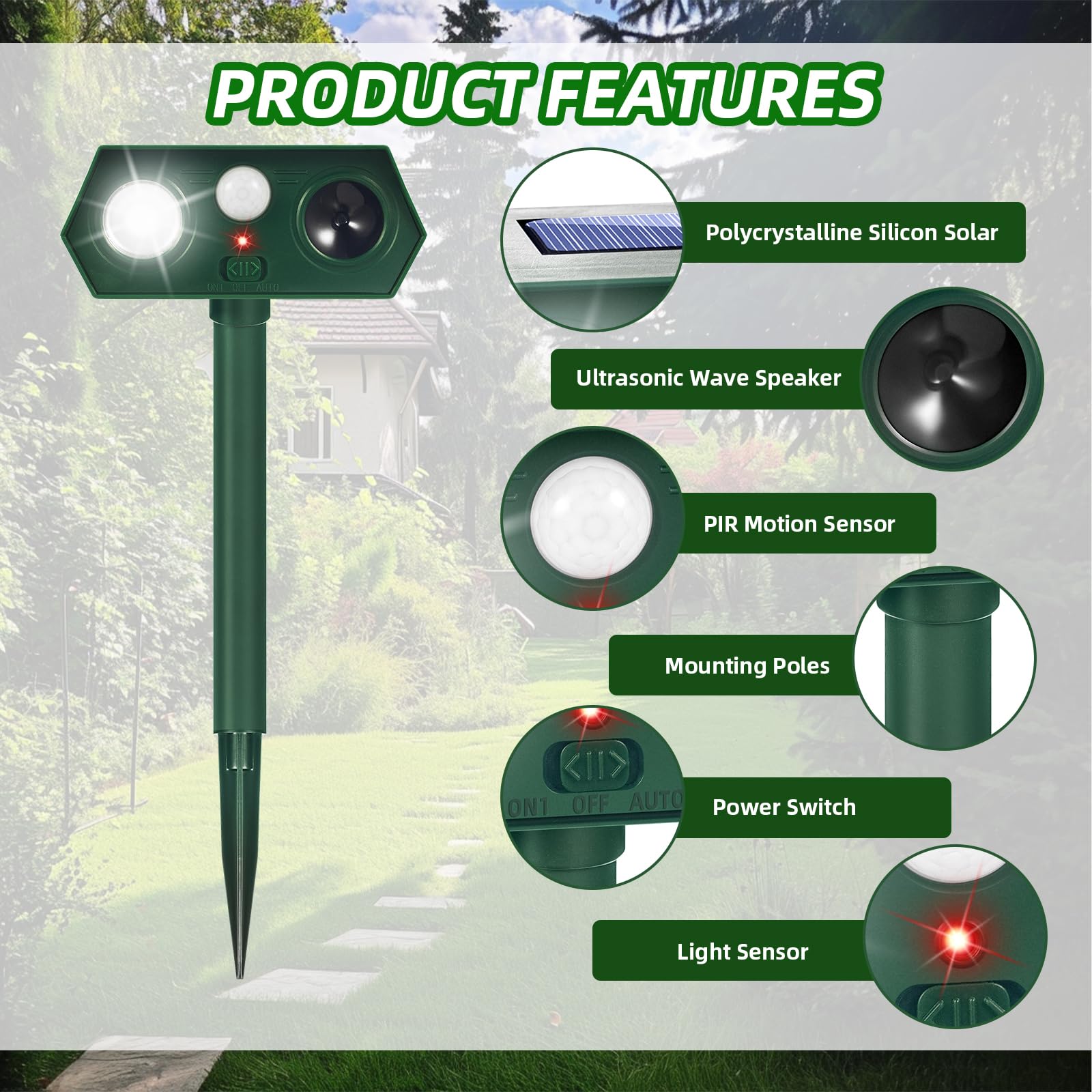 Paddsun 2 Pack Ultrasonic Cat Deterrent Outdoor, Solar Powered Cat Deterrents for Garden with Motion Sensor and Flashing Lights, Cat Deterrent for Yard Lawn, Green