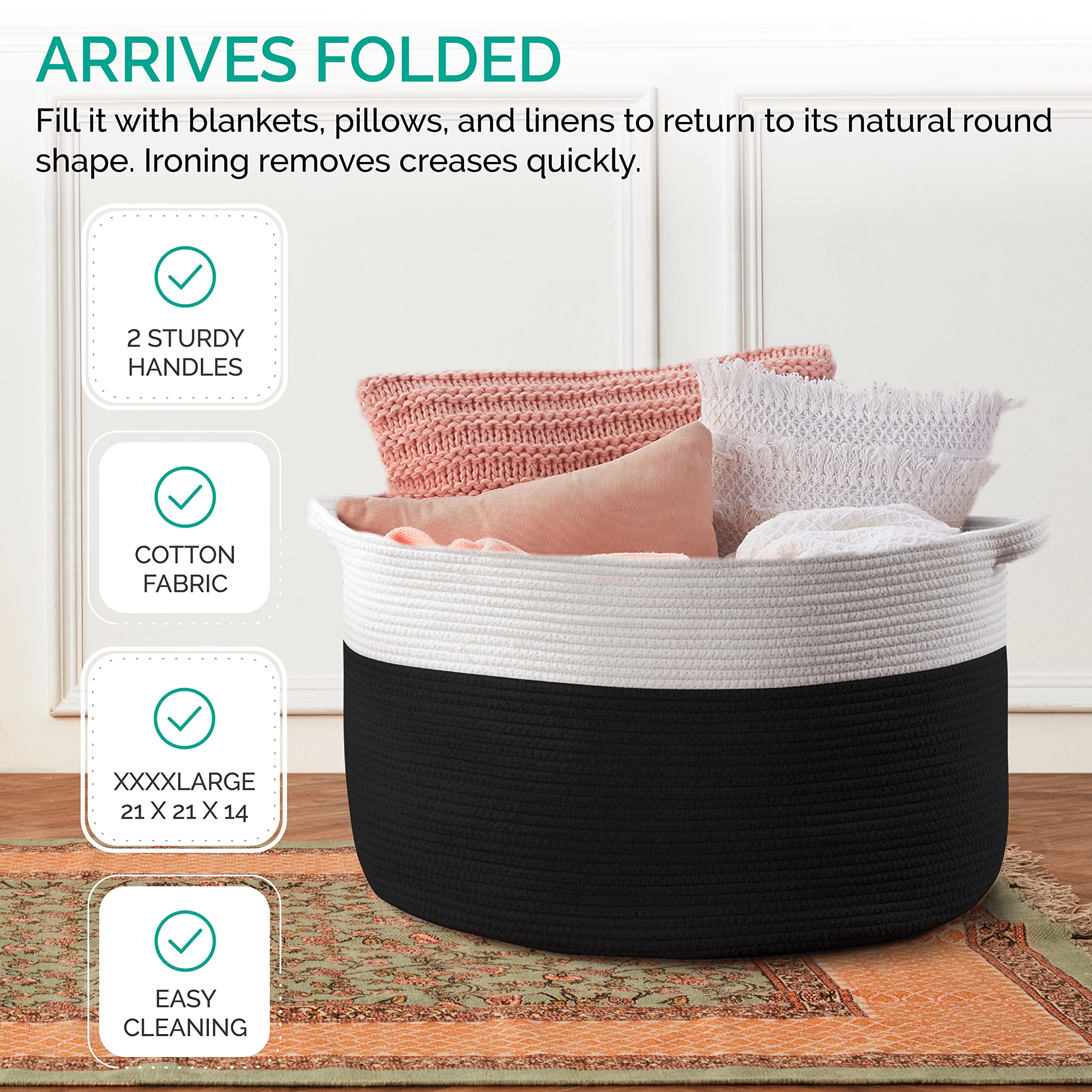 Organizix XXXXL Large Round Cotton Rope Storage Basket Bin Organizer Laundry Hamper with Handles, 21 x 21 x 14, Extra Large Blanket Woven Toy Basket, Black/Brown