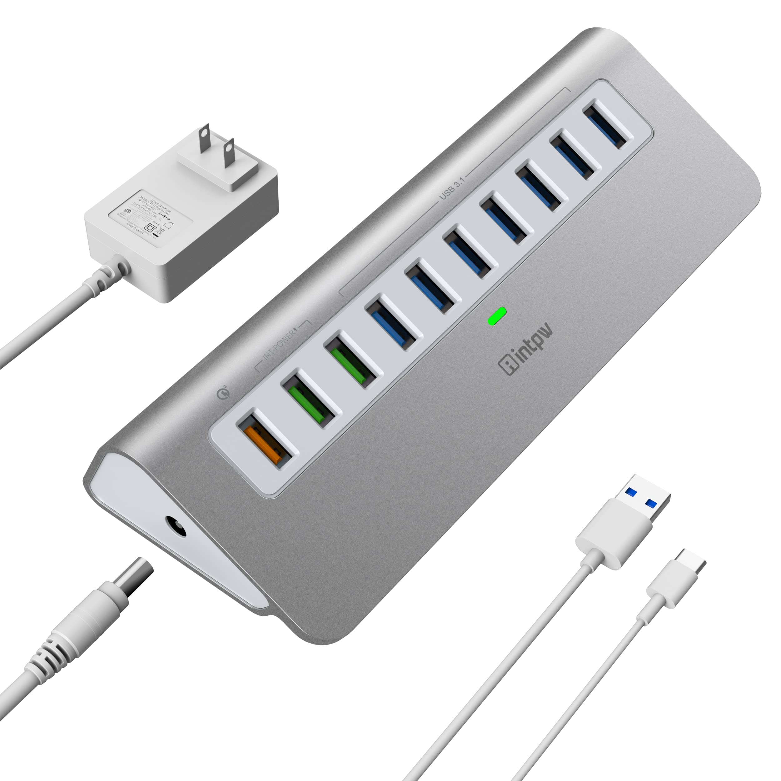 Powered USB Hub,10 Port USB 3.1/3.2 Gen 2 Hub 10Gbps 36W (12V/3A) Power Adapter, 7X 10Gbps USB Data Ports,1x QC 3.0, 2 x 2.4A Fast Charging Ports USB Port Hub Splitter for Laptop and PC