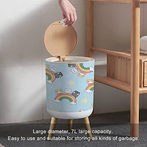 Trash Can with Lid Seamless Cute cat Rainbow Sky Animals Character Cartoon Design Press Cover Small Garbage Bin Round with Wooden Legs Waste Basket for Bathroom Kitchen Bedroom 7L/1.8 Gallon