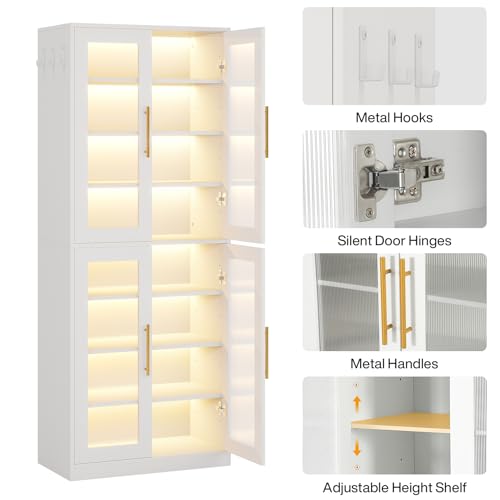 Tribesigns Tall Shoe Storage Cabinet with Acrylic Doors and LED Lights, 8-Tier Entryway Shoe Organizer Rack with Adjustable Shelves and Hanging Hooks for Narrow Closet, Hallway, Living Room, White
