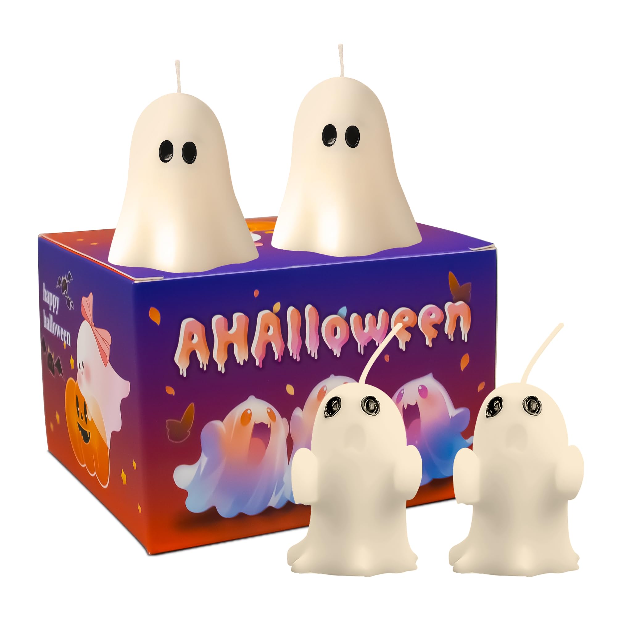 TRINIDa 4 PCS Halloween Ghost Candles, 2.75 x 1.97 Inches Ghost Scented Candles, Cute Halloween Ghost Decor, Halloween Decor Candles for Home Halloween Party Room Table Decorations, 2 Style