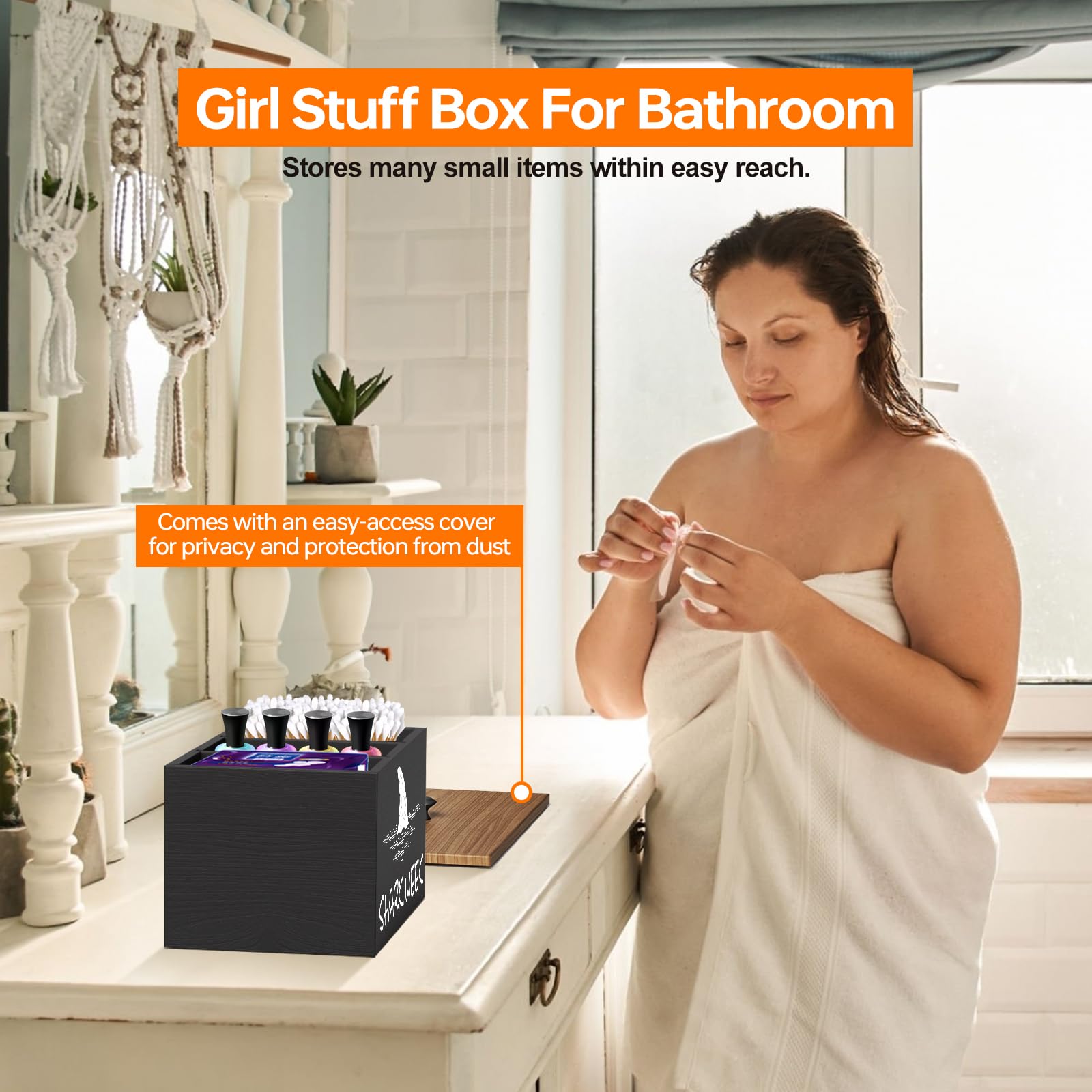 Tampon Holder For Bathroom, Tampon Storage Container,Feminine Product Organizer,Removable Organizer,Shark Week Wood Box With Lid, Tampon Organizer,Christmas Gifts for Mom and Female Friends (Black)