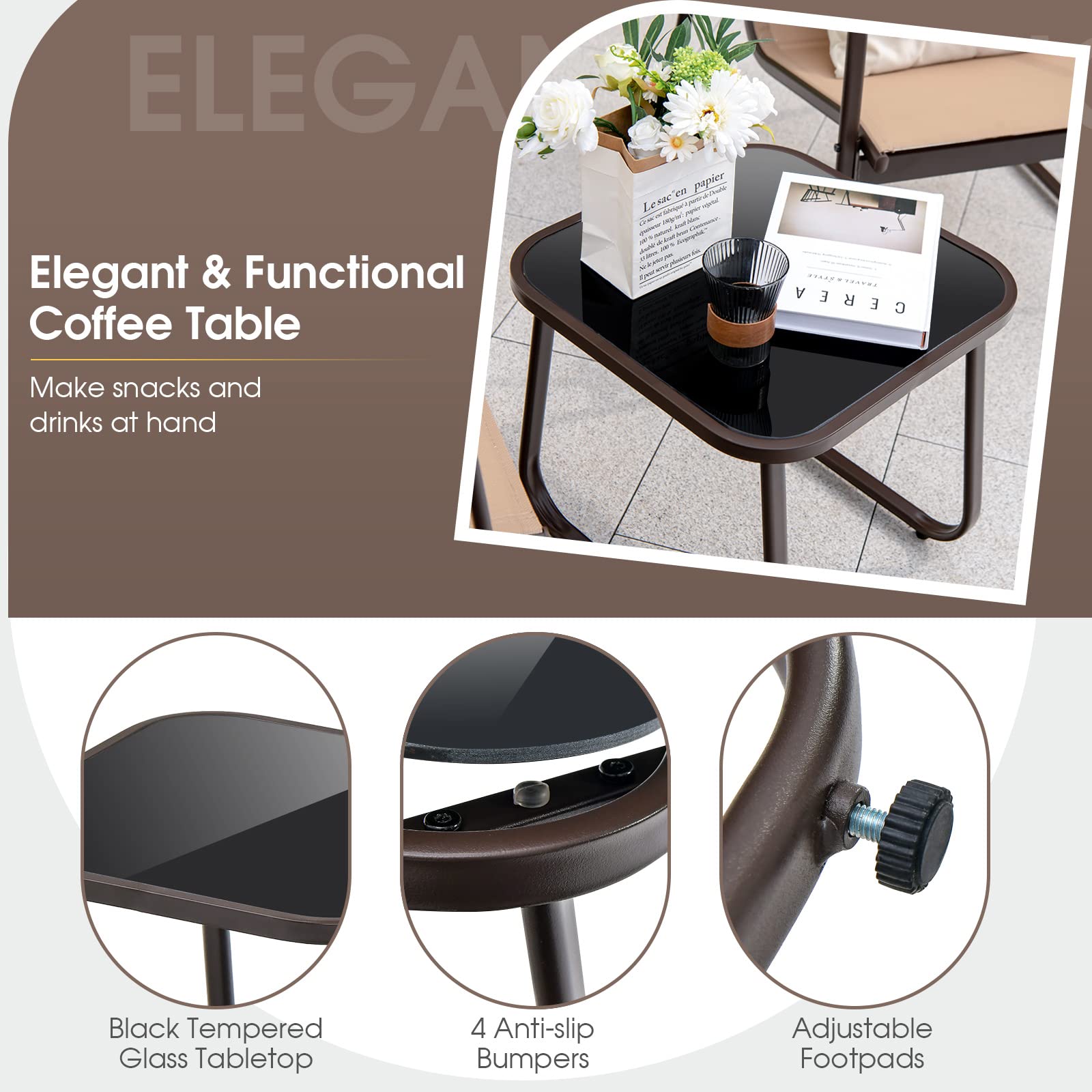 Tangkula 3 Pieces Patio Conversation Set, Outdoor Metal Chair & Table Set, Breathable Fabric & Tempered Glass Tabletop, Metal Frame Furniture Set for Backyard, Poolside