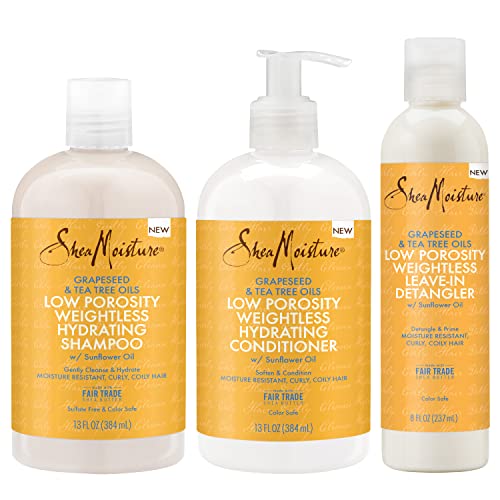 SheaMoisture Shampoo and Conditioner Set (13 Oz Ea) + Detangler (8 Oz), Low Porosity Hair Products, Baobab and Tea Tree Oil 3pc Bundle, Soften and Balance, Shea Moisture Curly Hair Products