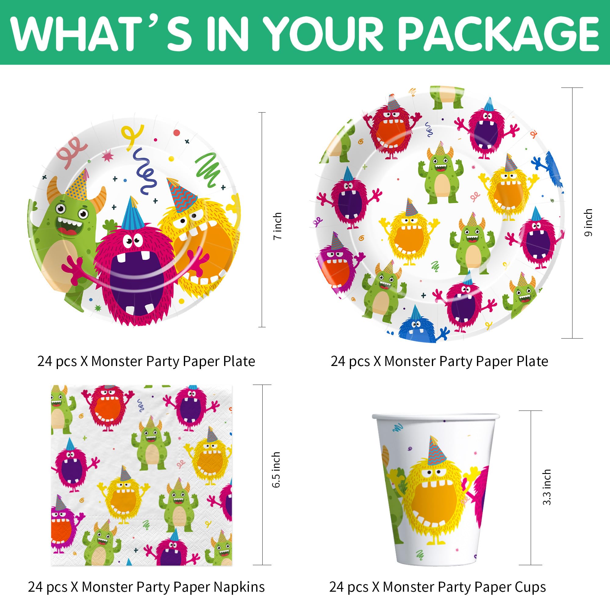 Xigejob Monster Birthday Party Supplies - Monster Party Decorations Tableware, Plate, Cup, Napkin, Tablecloth, Cutlery, Monsters Theme 1st 2nd 3rd Birthday Baby Shower Decorations Dinnerware| Serve 24
