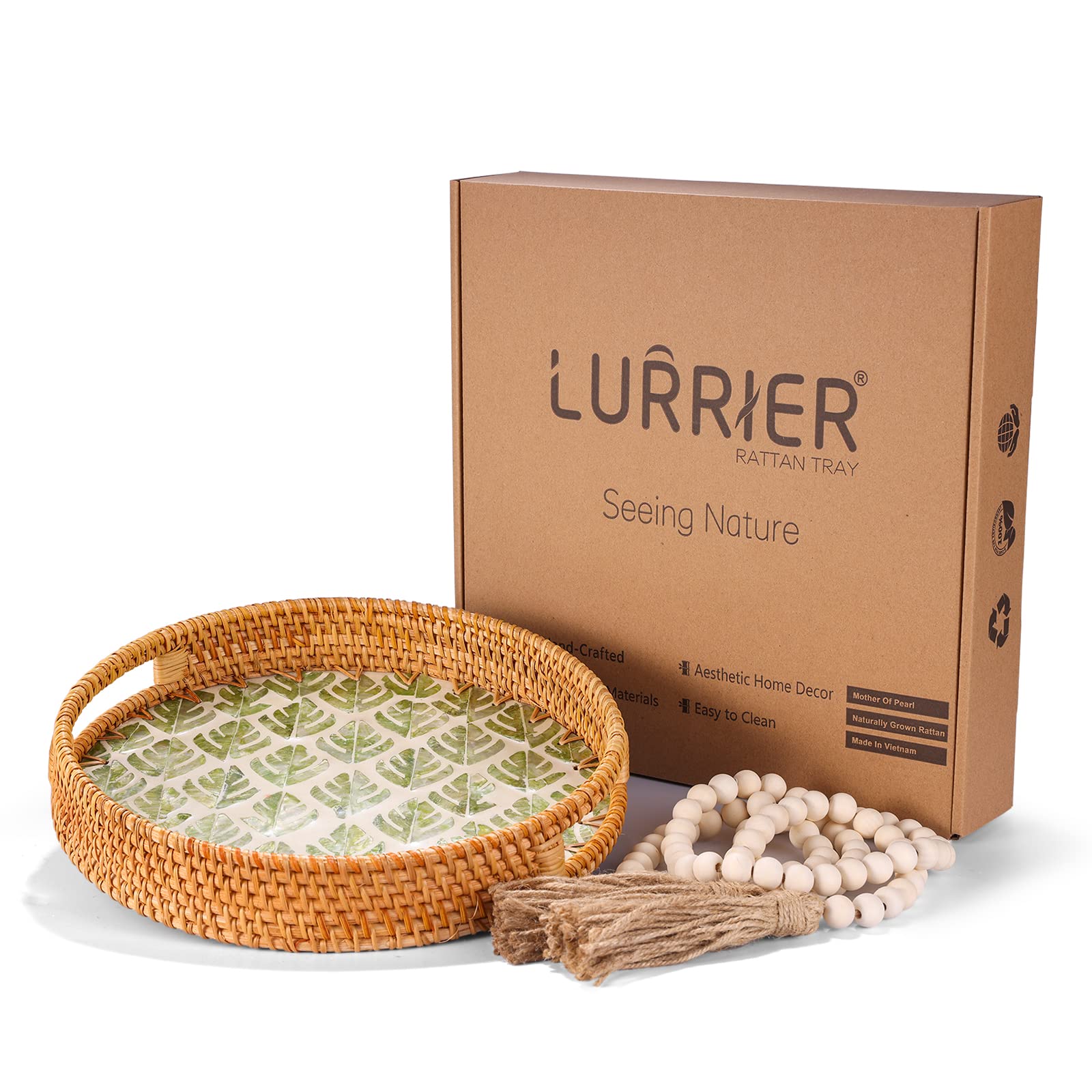 LURRIER Round Rattan Woven Serving Tray with Wood Bead Set, Decorative Coffee Table Tray with Handle, Serving Basket with Mother of Pearl Inlay Wooden Base, Display for Home,12in (Safari in Monstera)