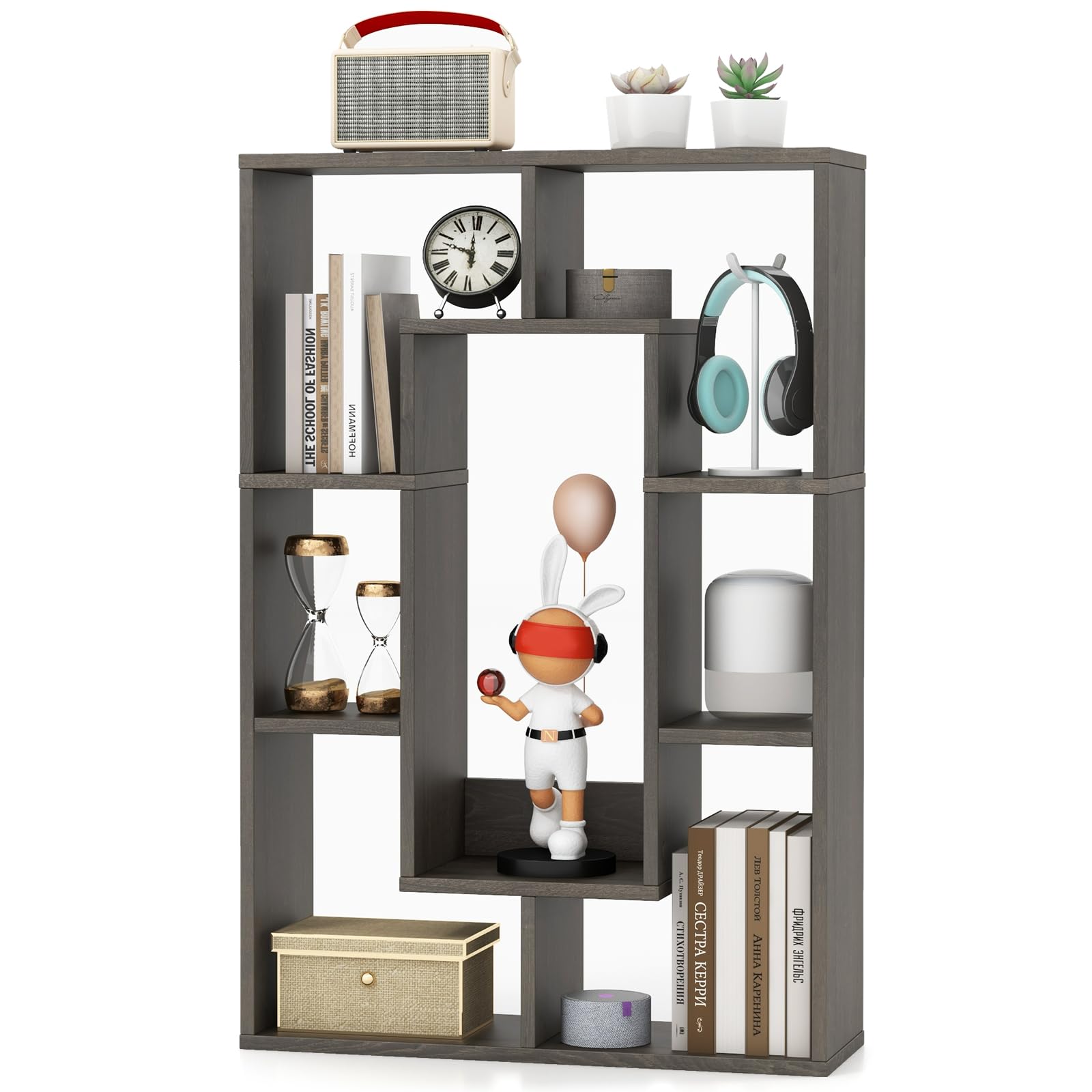 Tangkula 35.5â Geometric Bookshelf, Freestanding Wood Open Bookcase with 7 Cubes, Anti-Toppling Devices, Home Office DĂŠcor Rectangular Storage Shelf Display Rack for Study Living Room (1, Gray)