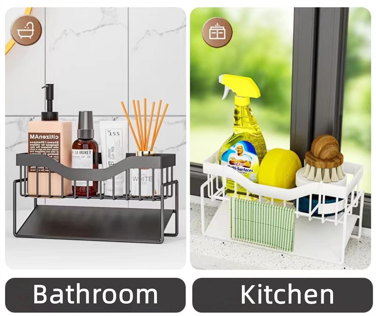 iBigLY Sponge Holder Kitchen Sink Caddy Organizer, 304 Stainless Steel Kitchen Soap Dispenser Caddy Organizer with Auto Drain Tray, Sink Rack for Kitchen & Bathroom Holding Sponge and Towel