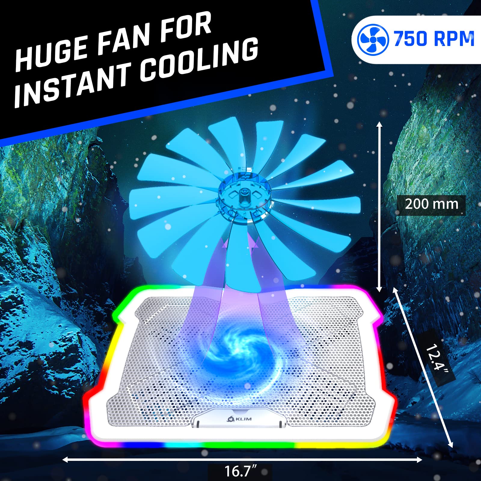 KLIM Ultimate + RGB Laptop Cooling Pad with LED Rim + New 2024 + Gaming Laptop Cooler + USB Powered Fan + Very Stable and Silent Laptop Stand + Compatible up to 17" + PC Mac PS5 PS4 Xbox One - White
