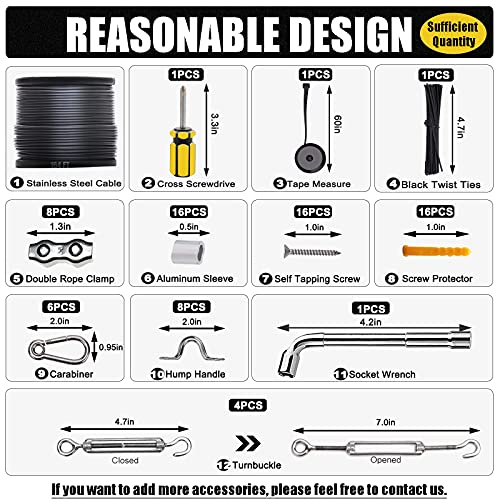 NEREUS String Light Hanging Kit with 164 Ft Nylon Coated 304 Stainless Steel Wire Rope, String Light Suspension Kit, Guide Wire with Turnbuckles and Hooks for Patio, Backyard Lighting Accessories