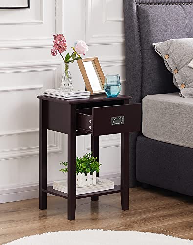 VECELO Nightstands Set of 2 End/Side Tables Living Room Bedroom Bedside, Vintage Accent Furniture Small Space, Solid Wood Legs, One Drawer, Black Walnut