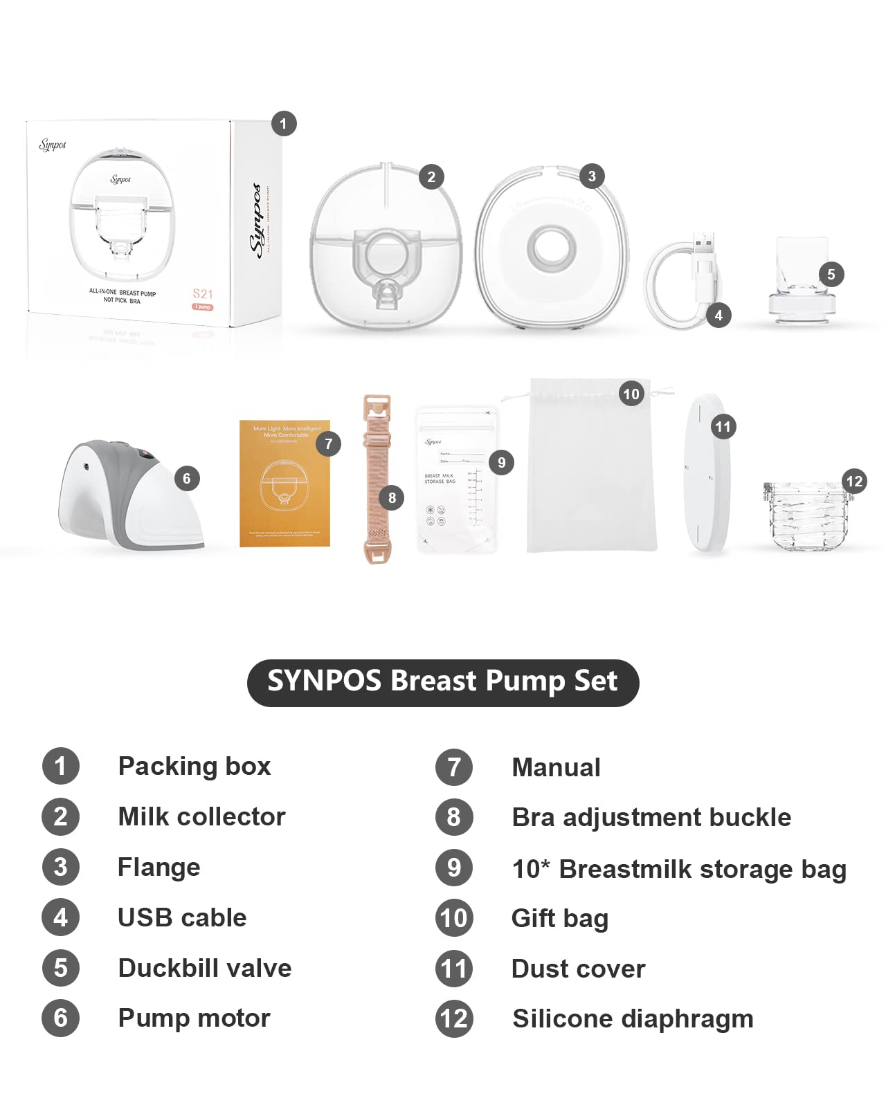 S21 All-in-one Breast Pump, No Sense of Wear. 3 Modes & 12 Levels with Memory Function, 1000mAh Use 90 Min, LCD Display, Low Noise 40dB, SYNPOS Invisible and Comfortable Wearable Breast pump 24MM 1Pcs
