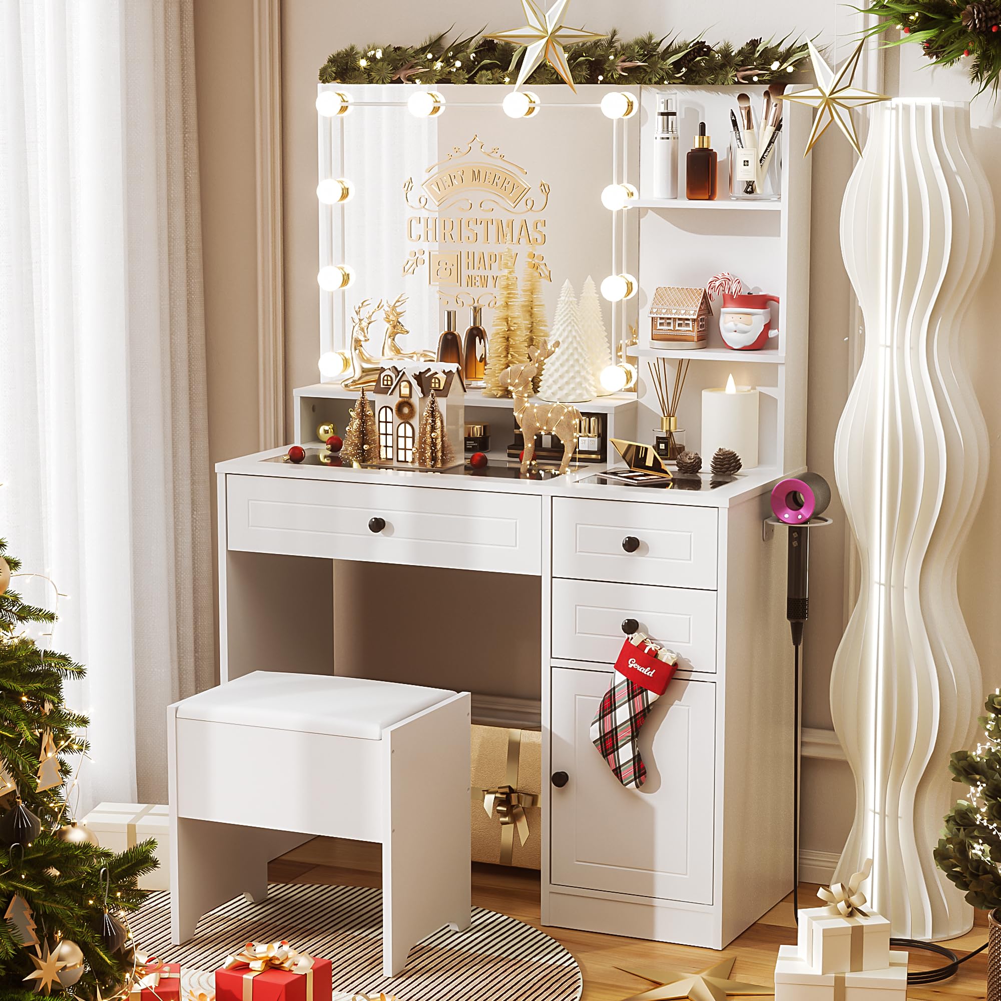 Spurgehom Makeup Vanity Desk with Mirror and Lights White Vanity Set with Drawers and Stool 37" Glass Top Dressing Table Shelves and Storage Cabinet 3 Lighting Modes Brightness Adjustable for Bedroom