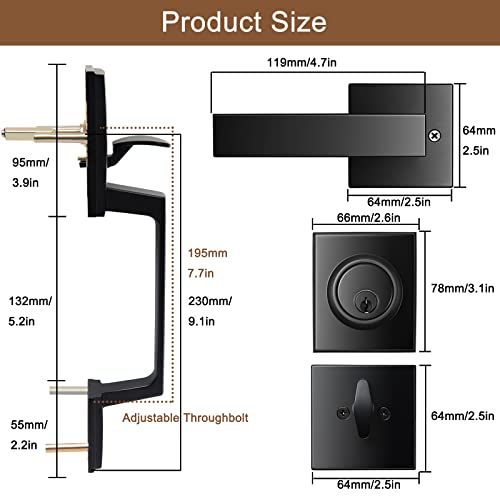 Tionzion Front Door Handle, Single Cylinder Handleset with Deadbolt and Lever Door Handles for Exterior Door, Reversible for Right and Left-Handed, Entry Door Lock Set Matte Black Finish
