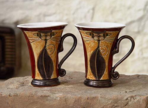 Pottery Coffee Mug, Cat Mug, Red Mug with Unique Hand Painted Decoration