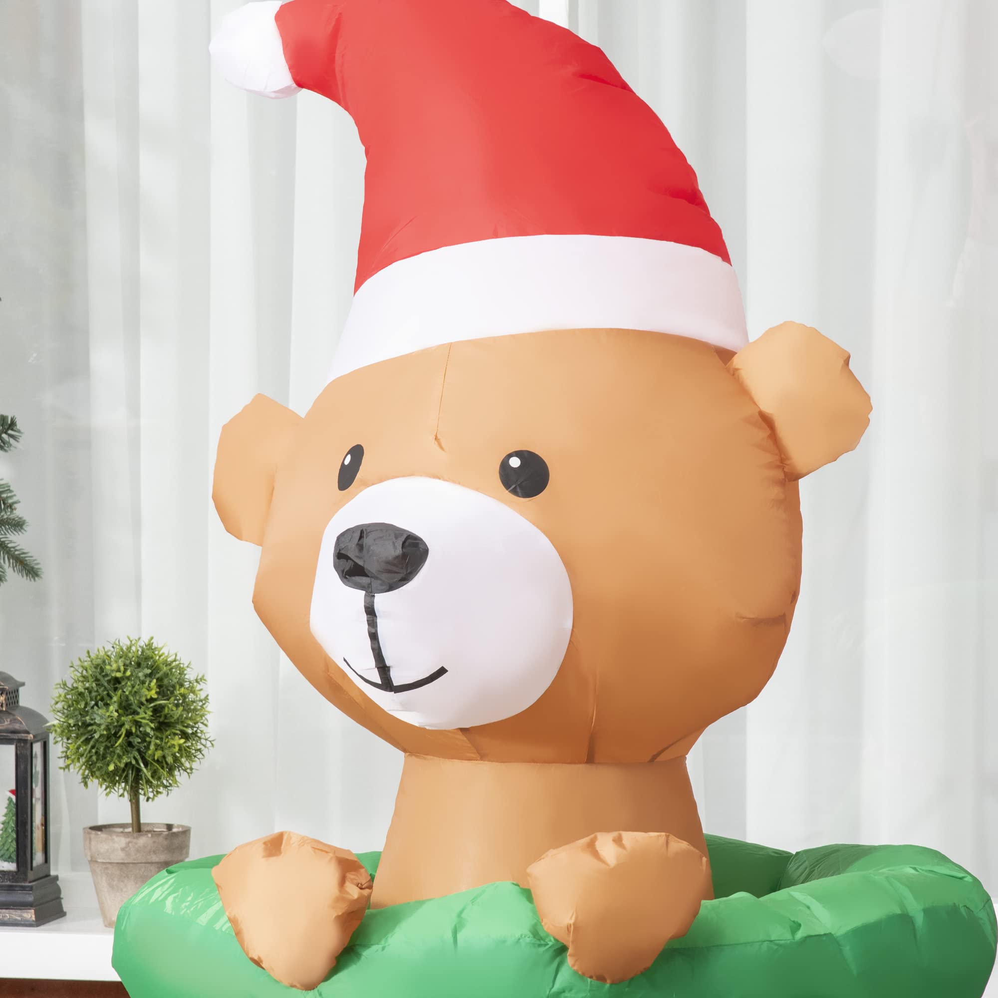 HOMCOM 4.5 ft. Christmas Inflatables Outdoor Decorations Bear in Santa Claus Toy Bag, Blow-Up Holiday Yard Christmas Decor with LED