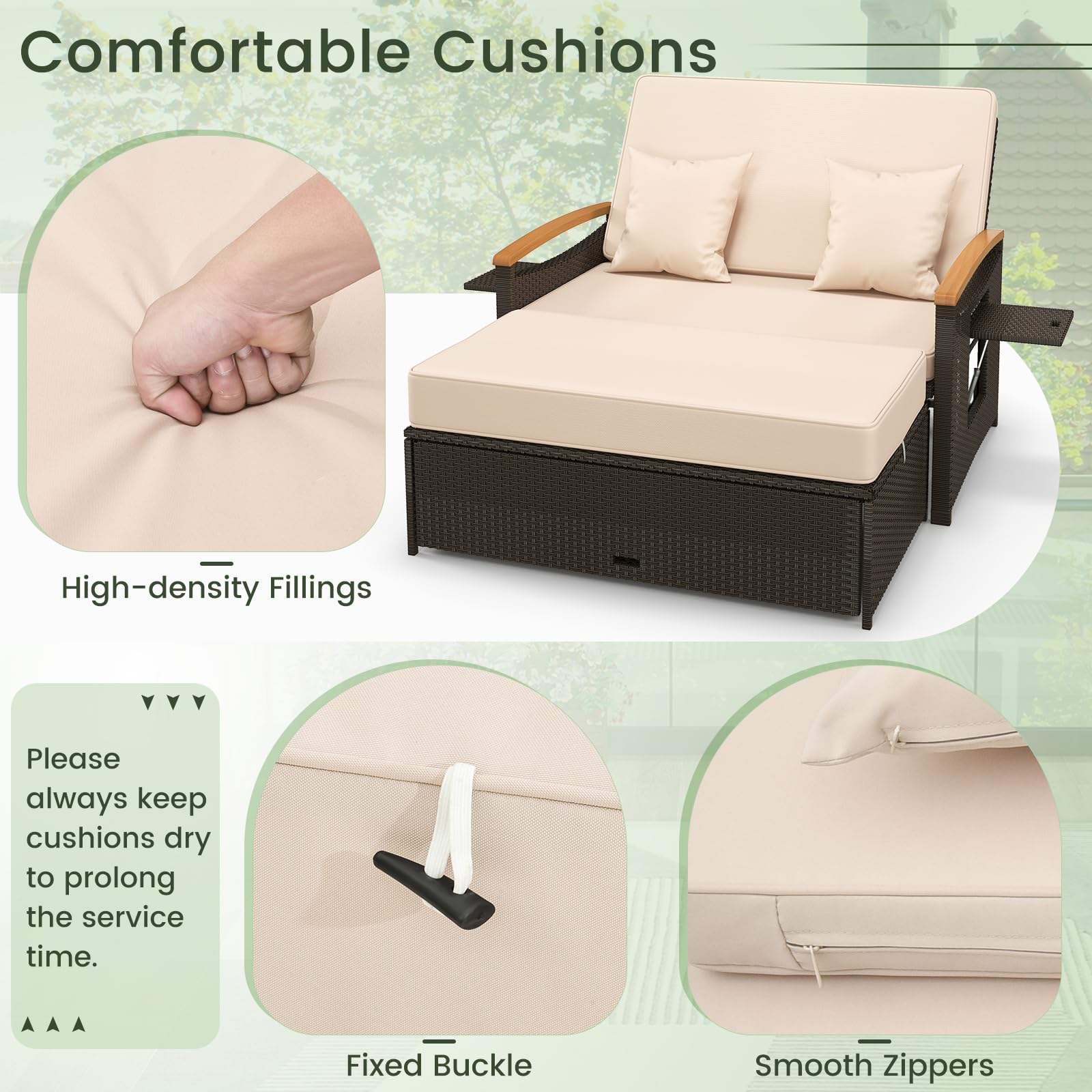 Tangkula Patio Rattan Daybed Set with Cushioned Loveseat and Storage Ottoman, Outdoor Double Chaise Lounger with 4-Level Adjustable Backrest and Retractable Side Trays for Backyard (Beige)