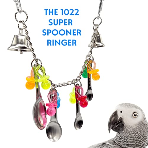 Mandarin Bird Toys 1022 Super Spooner Ringer by M&M Handmade Stainless Steel Noisy Versatile Aviary Toy, Shiny Spoons, Acrylic Pacifiers, Metal Bells, Great for Medium Pets African Grey Conure Quaker
