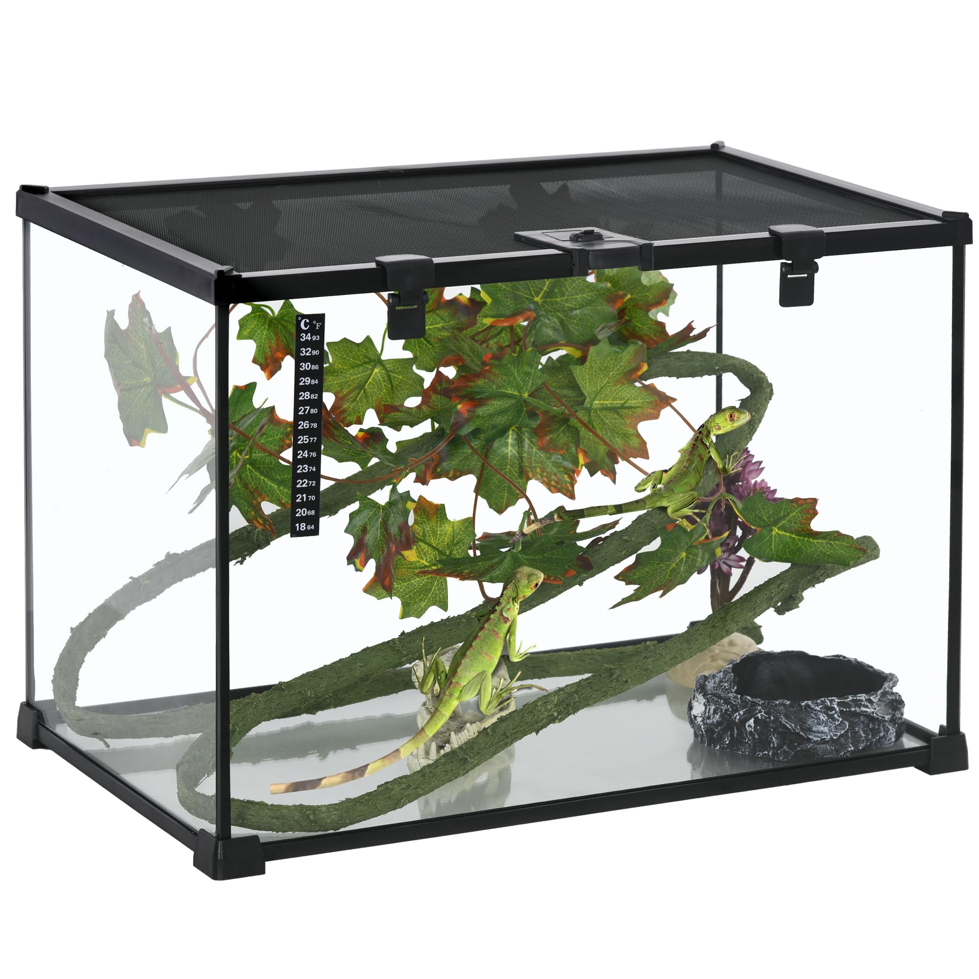 PawHut 14 Gallon Glass Reptile Enclosure with Decor Kit, Crested Gecko Tank, Full View Terrarium Tank with Visually Appealing Sliding Screen Top for Lizards, Frogs, Snakes, Spiders, 20" x 12" x 14"