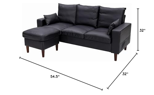 Panana Convertible Sectional Sofa Couch, 3 Seat L-Shaped Couch with Ottoman Set, Modern Balck Leather-Like Fabric Couches for Living Room, Office, Small Space (3 Seater with Ottoman)