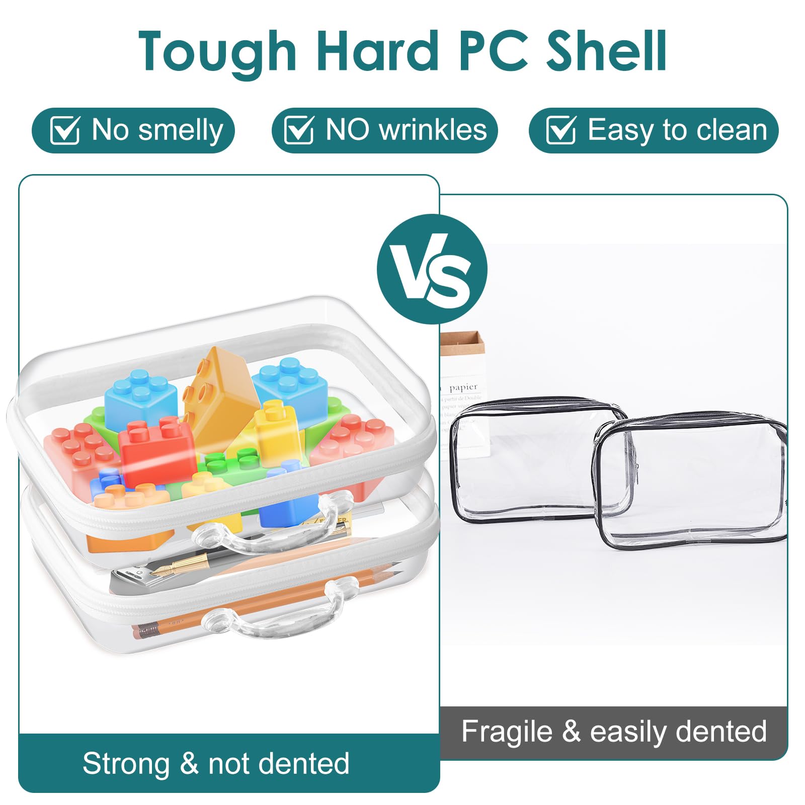 QAVABIN Clear Hard Zipper Pouch, Hard Shell Plastic Organizer Box with Handle, Bliss Zippered Blocks Storage Bins, Hard PVC Cosmetic Travel Bag for Kids Organizing, 8.27x5.12x2.36in, 4Pc