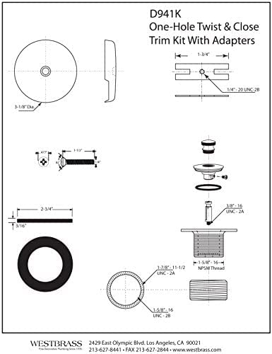 Westbrass D941K-07 1-3/8" Fine Thread Twist & Close Bathtub Drain Trim with One-Hole Overlfow Faceplate, Satin Nickel