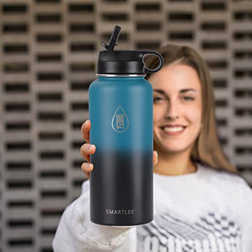 Smartlee Insulated Water Bottle with Straw & Spout Lid - 32oz Leak-Proof Vacuum Insulated Water Bottle with Strainer Thermos Sports Water Bottle (Green-Black Gradient)