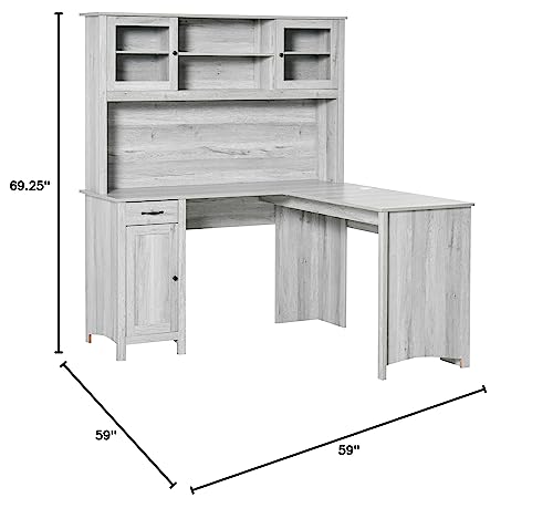 HOMCOM L-Shaped Desk with Hutch, Computer Desk with Drawers, Home Office Corner Desk Study Workstation Table with Storage Cabinets Shelves, Grey