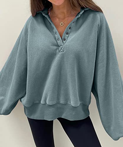 Trendy Queen Womens Sweatshirt Fall Winter Clothes Lantern Sleeve Drop Shoulder Pullover Hoodies Button Fashion Y2K Outfits Lightblue