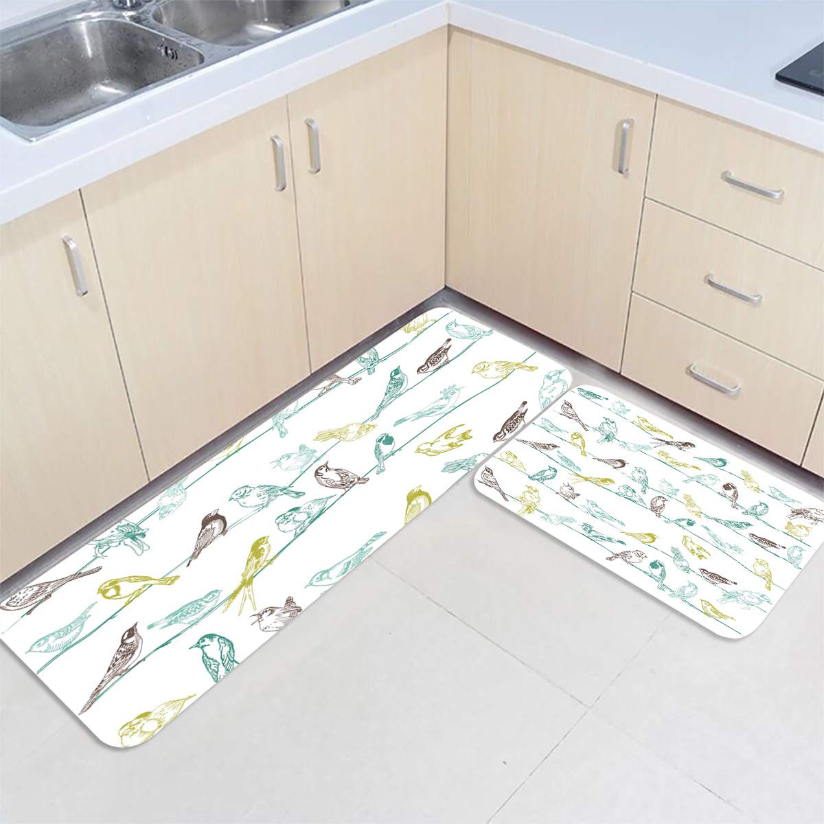 LooPoP Birdies On Wire Kitchen Mats for Floor Cushioned Anti Fatigue 2 Piece Set Kitchen Runner Rugs Non Skid Washable Animal Bird Print Design 19.7x31.5+19.7x47.2