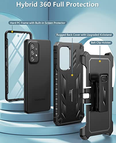 SOiOS for Samsung Galaxy A53 5G Case: with Built-in Screen Protector & Kickstand | Full-Body Dual Layer Rugged Belt-Clip Holster | Heavy Duty Shockproof Protective Phone Cover - 6.5inch - Black