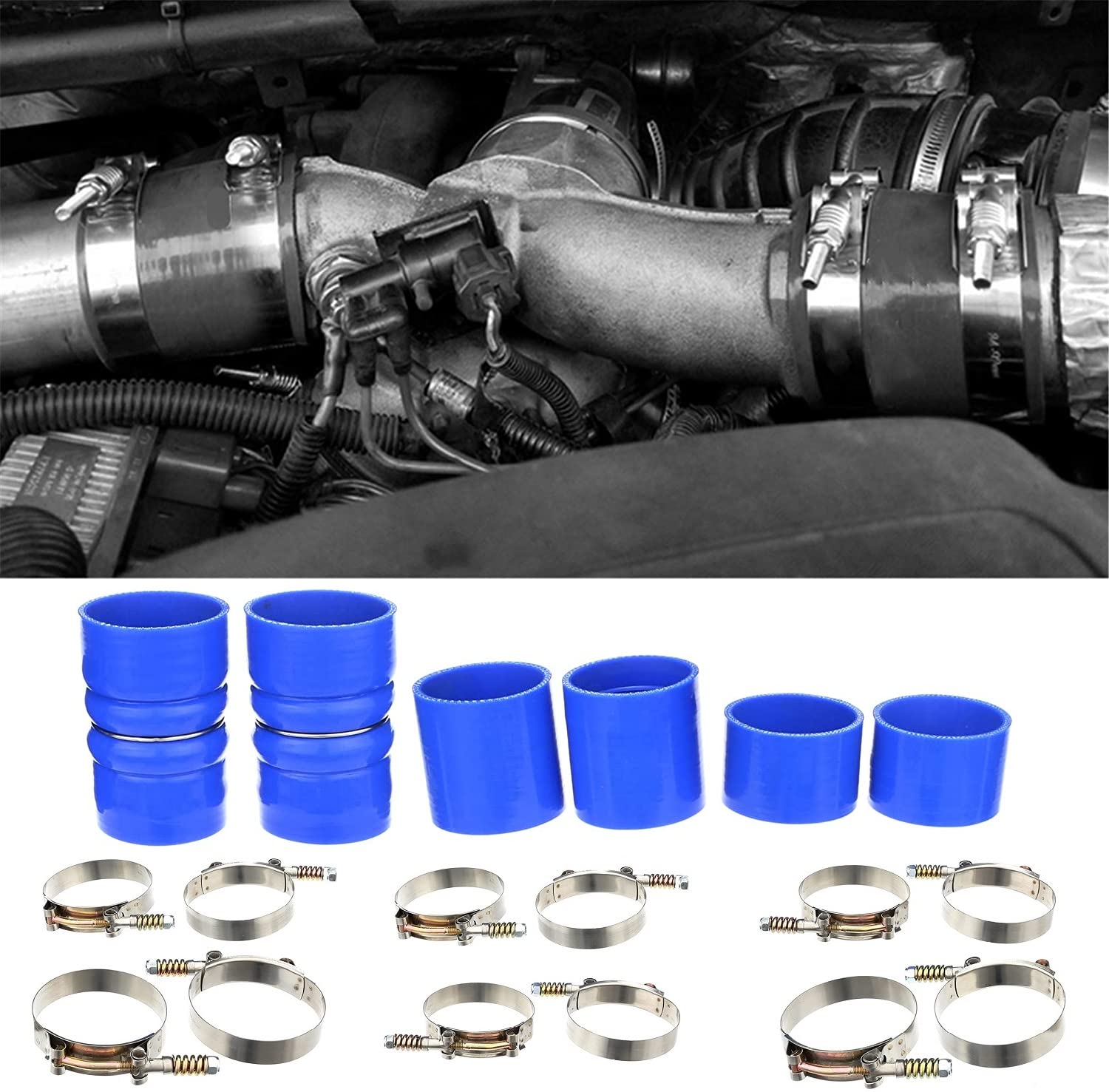 Heavy Duty High Temp Reinforced Silicone Intercooler Boots Kit with Hose Clamps Compatible with 1999.5 2000 2001 2002 2003 Super duty 7.3L Ford Powerstroke F-250 F-350 Turbo Diesel (blue)
