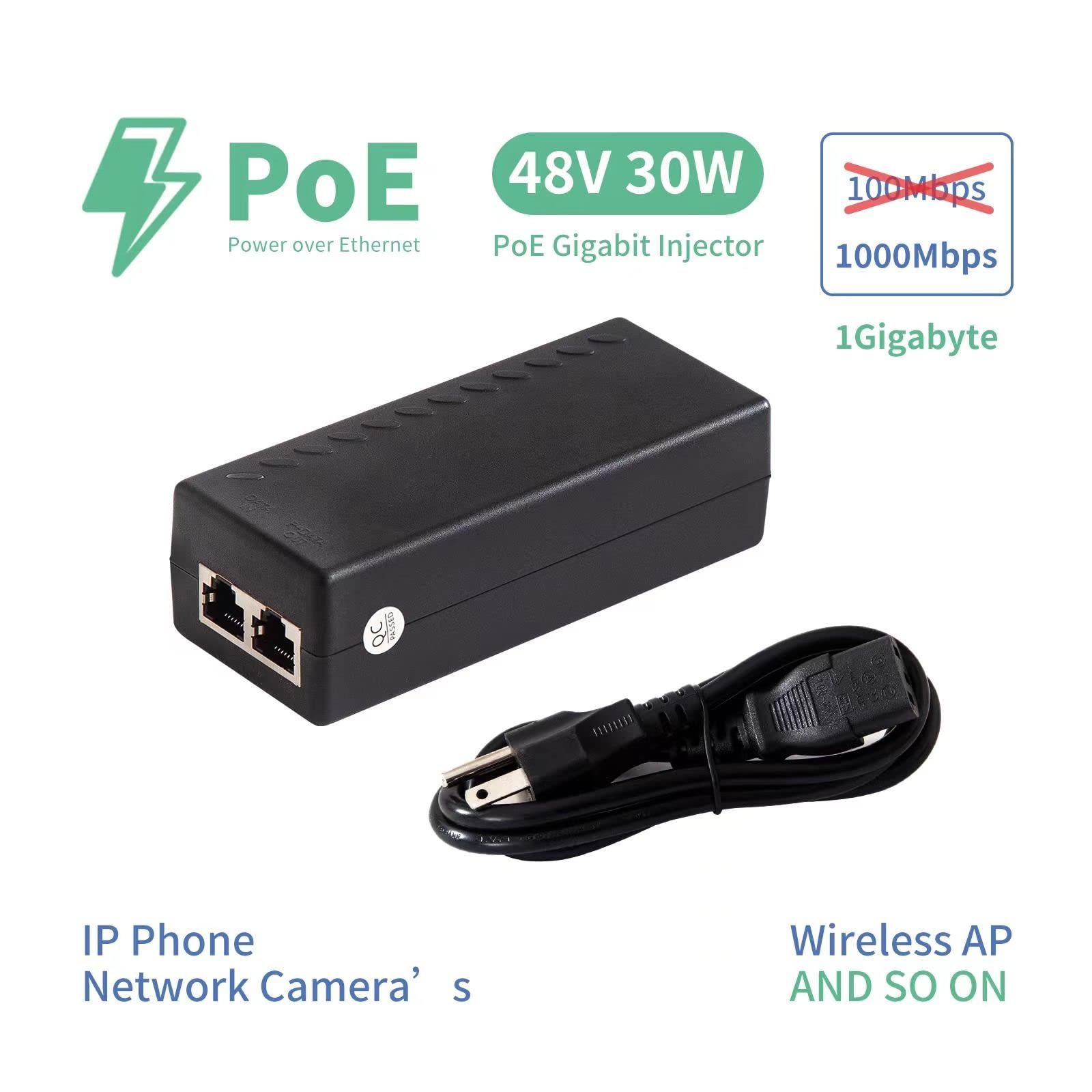 PoE Injector Adapter, 30W, IEEE 802.3af / 802.3at Compliant, 10/100/1000Mbps, up to 100 Meters (325 Feet)
