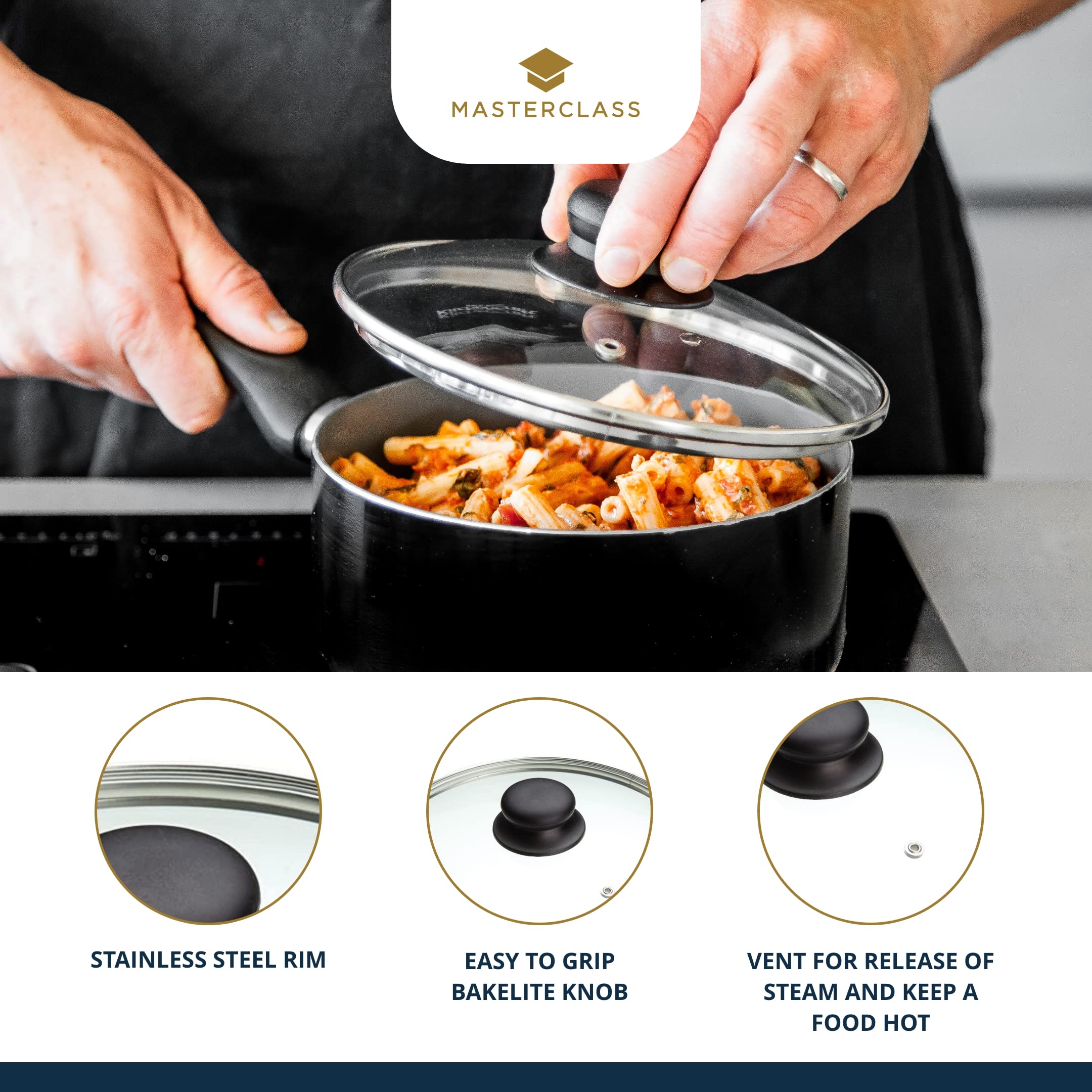 KitchenCraft MCGLLID20 MasterClass Glass Saucepan Lid Designed to Fit All 20 cm Saucepans and Frying Pans, 20 cm (8 Inch)