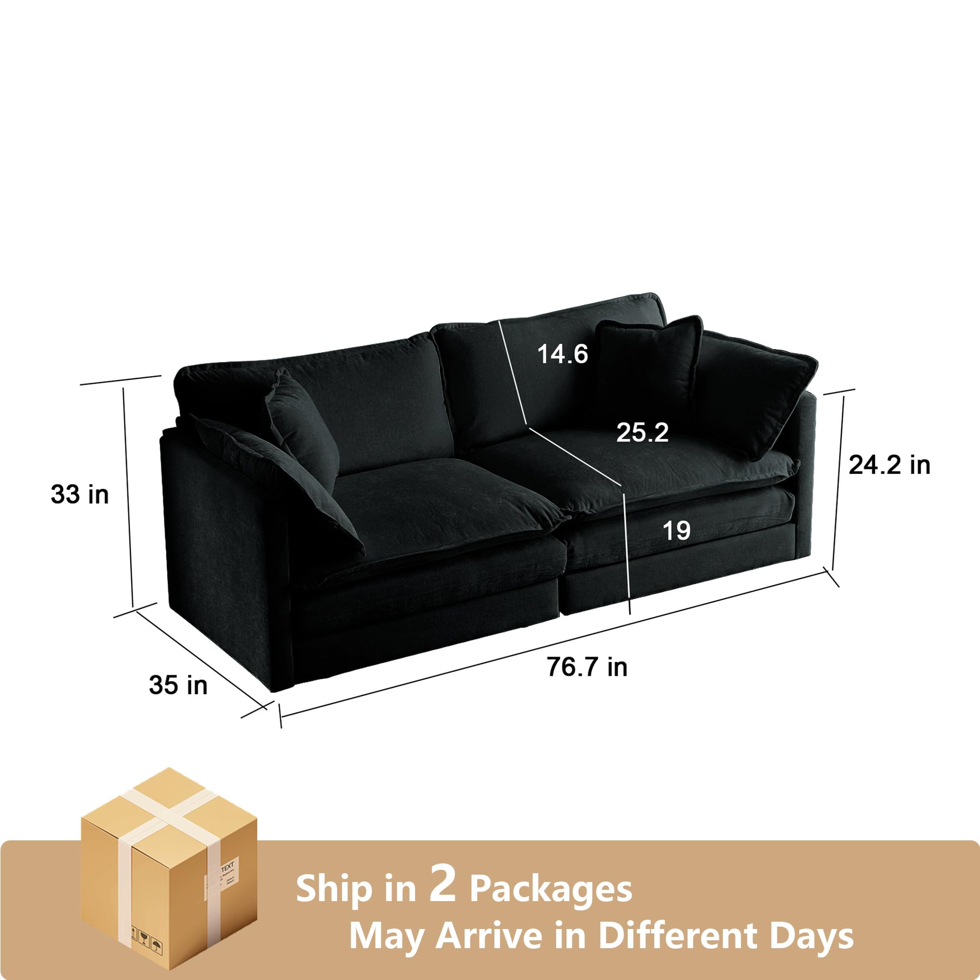 Tmsan 76.7" Black Deep Seat Loveseat Sofa, Oversized 2 Seater Chenille Sectional Cloud Couch, Modern Large Luxury Love Seat for Living Room Bedroom Apartment Office