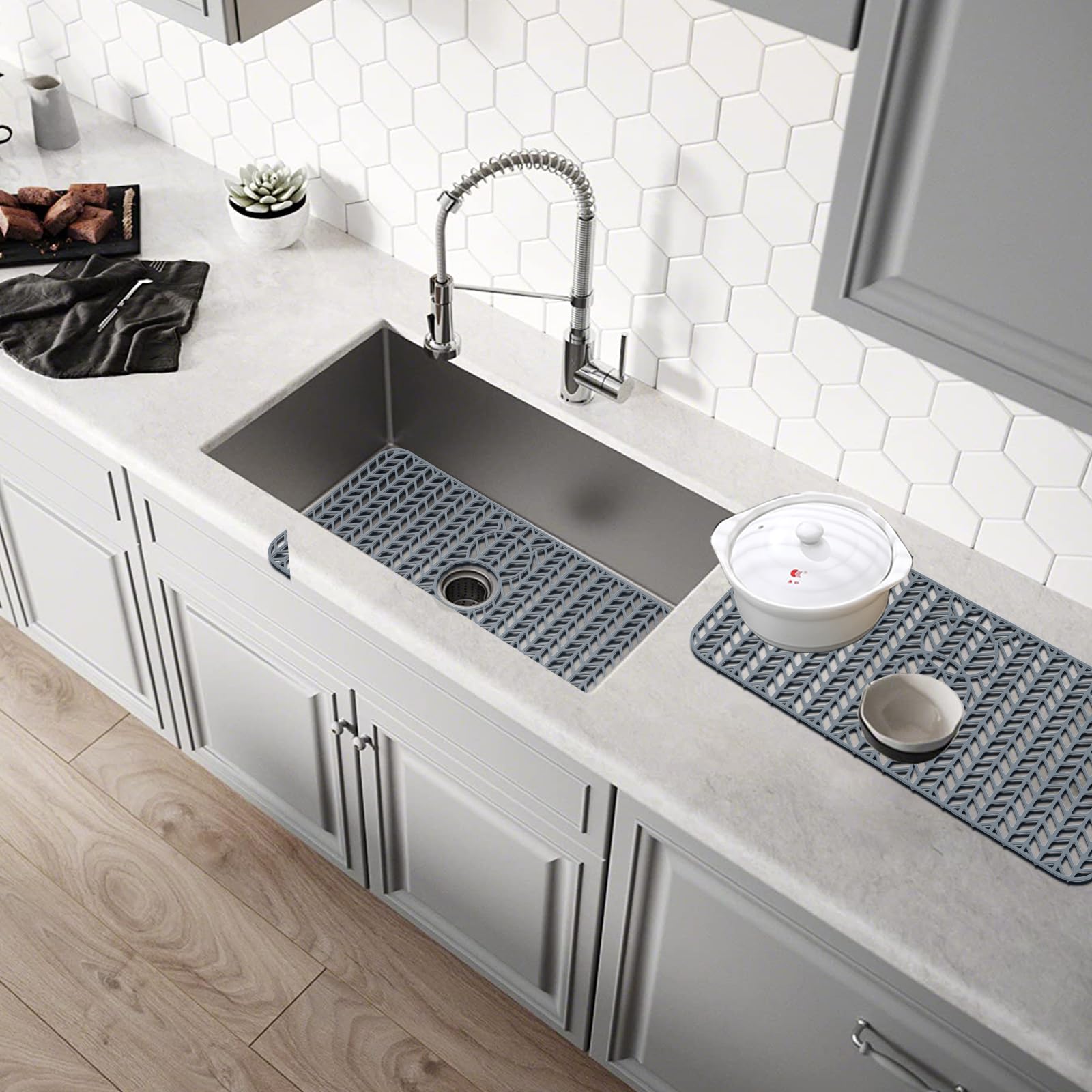 GUUKIN Sink Protectors for Kitchen Sink - 29"x 15.35" Silicone Kitchen Sink Mat Grid for Bottom of Farmhouse Stainless Steel Porcelain Sink with 3 Reserved Holes(Grey)