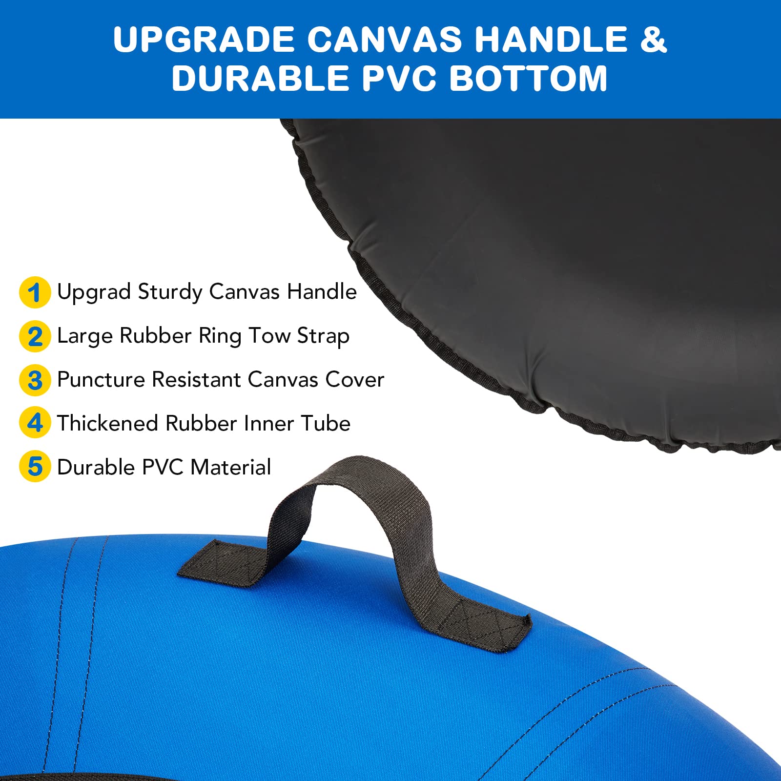 Heavy Duty Snow Tube,Inflatable 44 Inch Snow Sledding Tube, 600D Canvas Cover and Smooth Bottom with Rubber Pull Ring and Canvas Handles for Adults and Kids-Blue