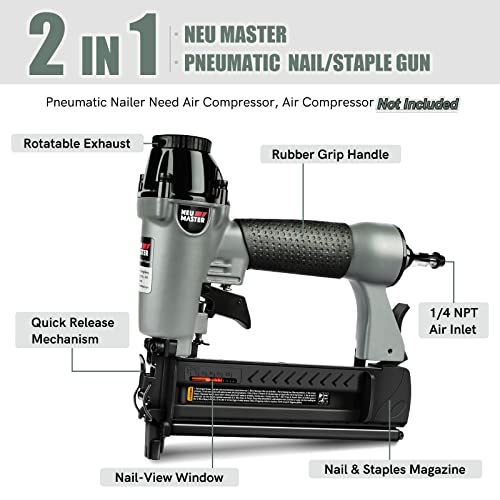 Pneumatic Brad Nailer, NEU MASTER 2 in 1 Nail Gun Staple Gun Fires 18 Gauge 2 Inch Brad Nails and Crown 1-5/8 inch Staples with Carrying Case and Safety Glasses