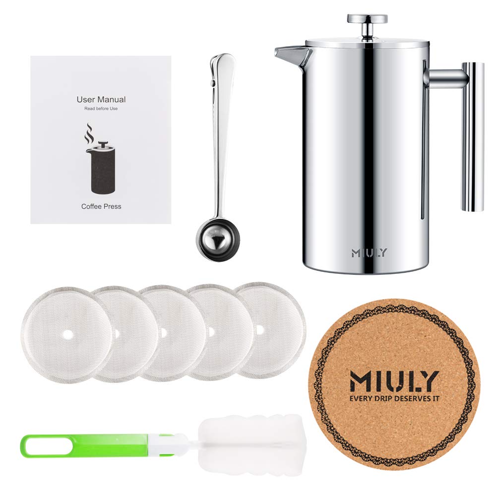 Miuly French Press 34oz, Double Insulated 304 Stainless Steel Coffee Press,Stainless Steel French Press with 5 Extra Fliters and 3 Additional Coffee Set(34oz, Sliver)