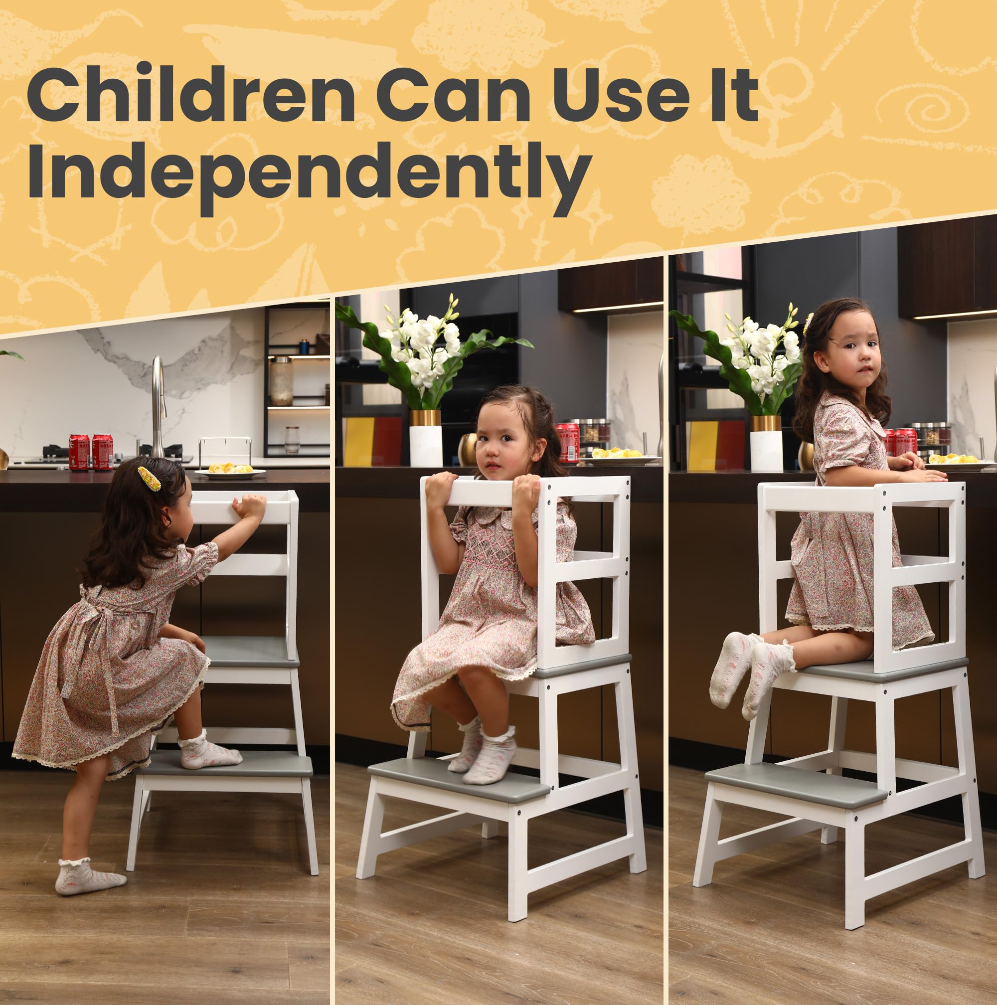 Saihony Standing Tower for Toddler, Kids Kitchen Step Stool Toddler Standing Tower Helper for Kitchen Counter and Bathroom Sink, Wooden Kids Montessori Learning Standing Stool with Safety Rail White