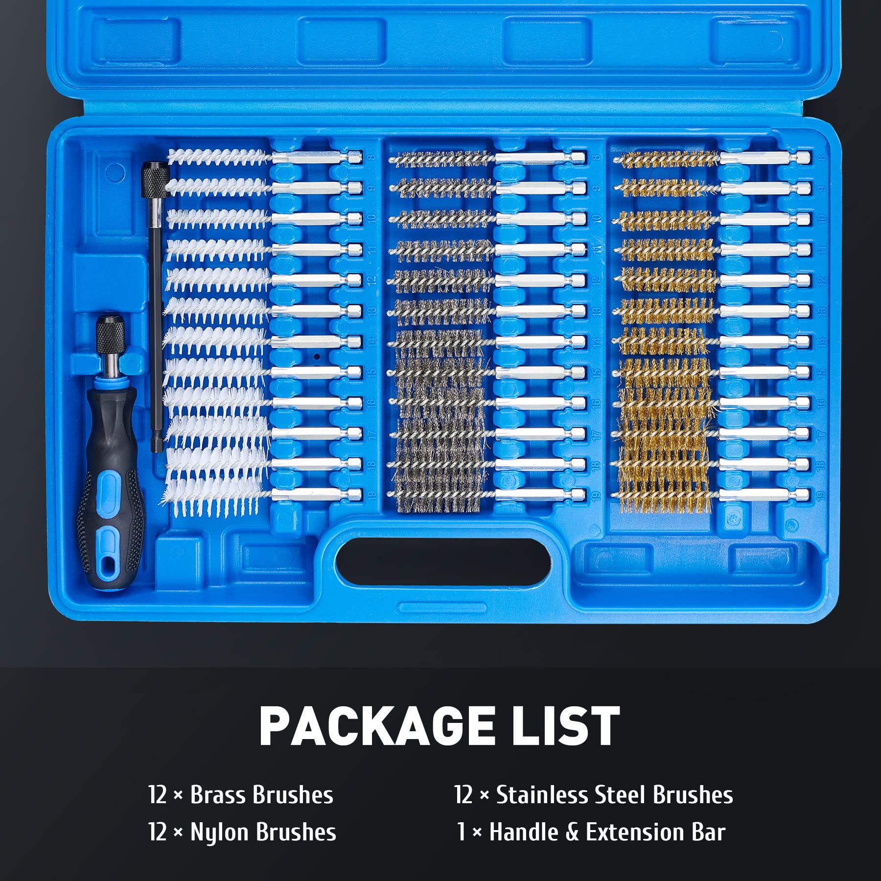 Orion Motor Tech 38pc Wire Brush Set, Bore Brush for Drill with 1/4 Inch Hex Shank and Long Extension Bars, 8-19mm Dia Round Wire Brush Kit, 0.31-0.75 Inch Stainless Steel Brass Nylon Cleaning Brushes