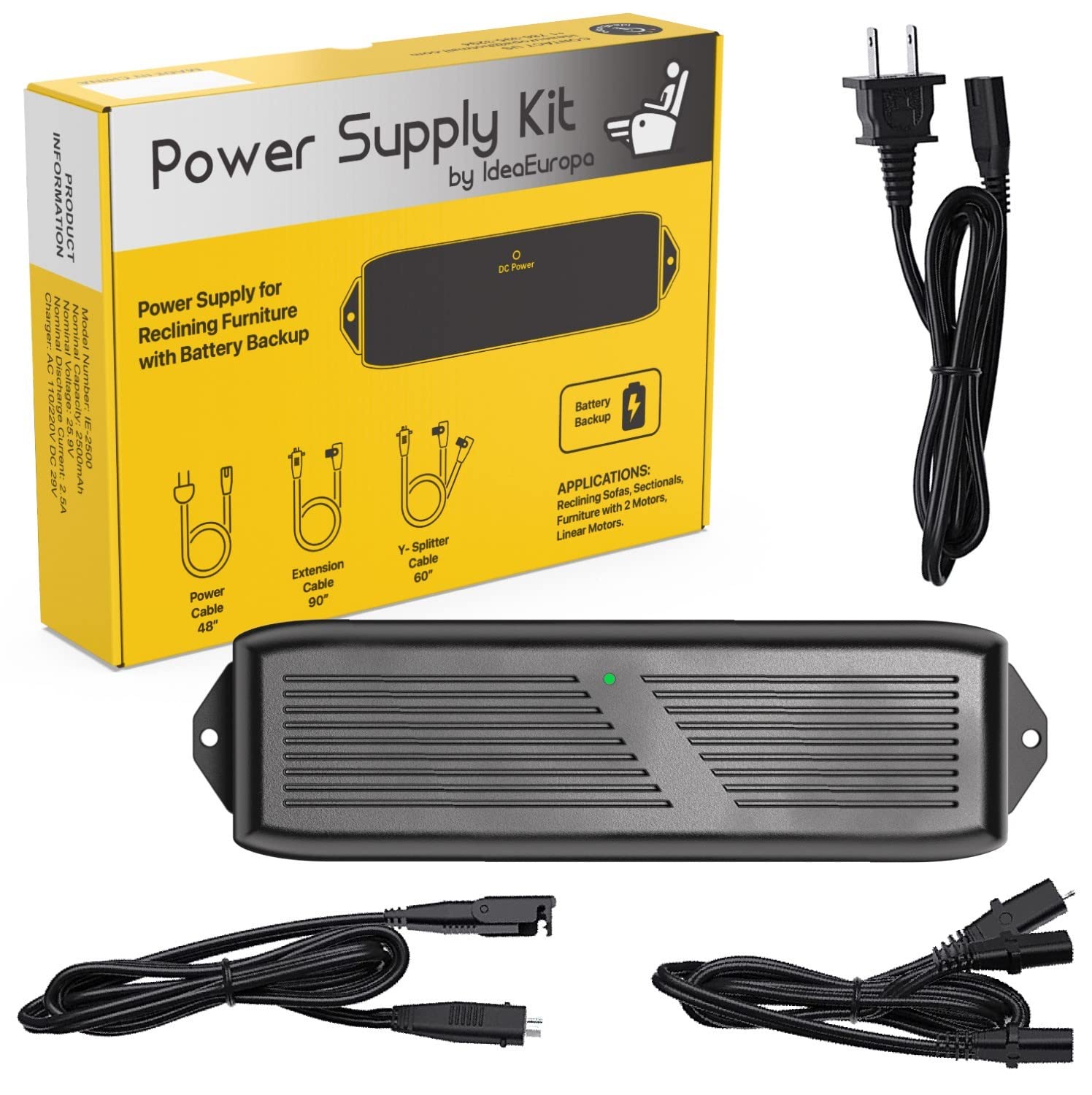 IdeaEuropa Dual Motor Power Supply Transformer Kit for Power Recliner, Sofa, Sectional or Loveseat. 29V 2A AC Power Cord Cable, Extension and Y Splitter Cable